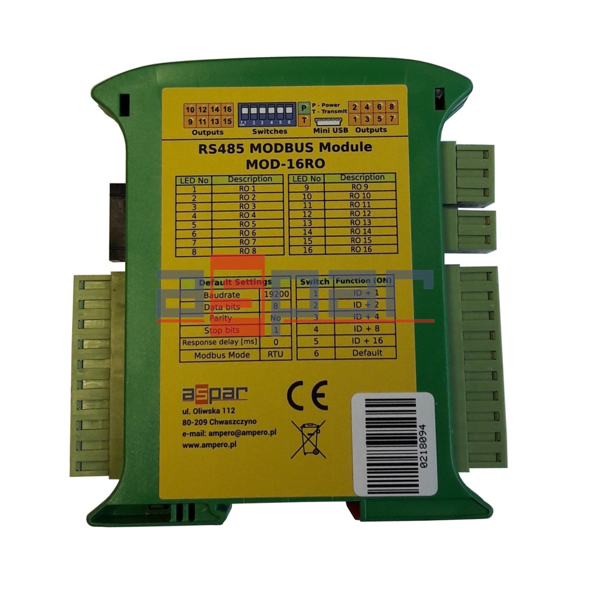MOD-16RO, Moduł IO, MOD16RO, Modbus RTU, ASCII, 16CH, 16 wyjść przekaźnikowych, moduł Modbus IO ...