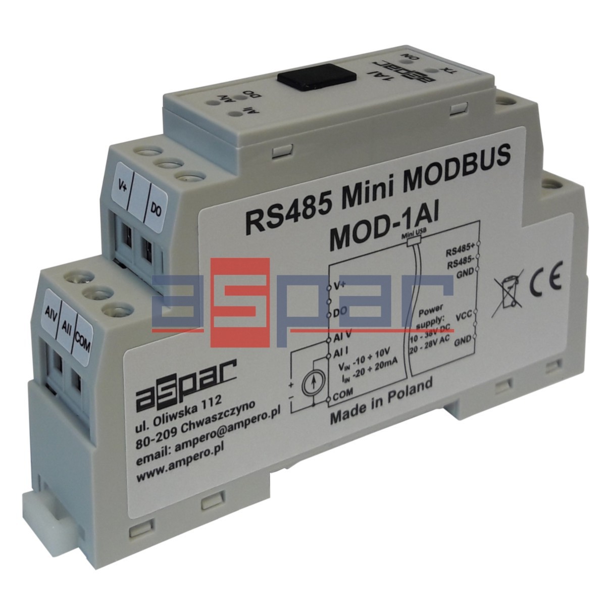 MOD-1AI, Moduł IO, MOD1AI, Modbus RTU, ASCII, 1 wejście analogowe ...